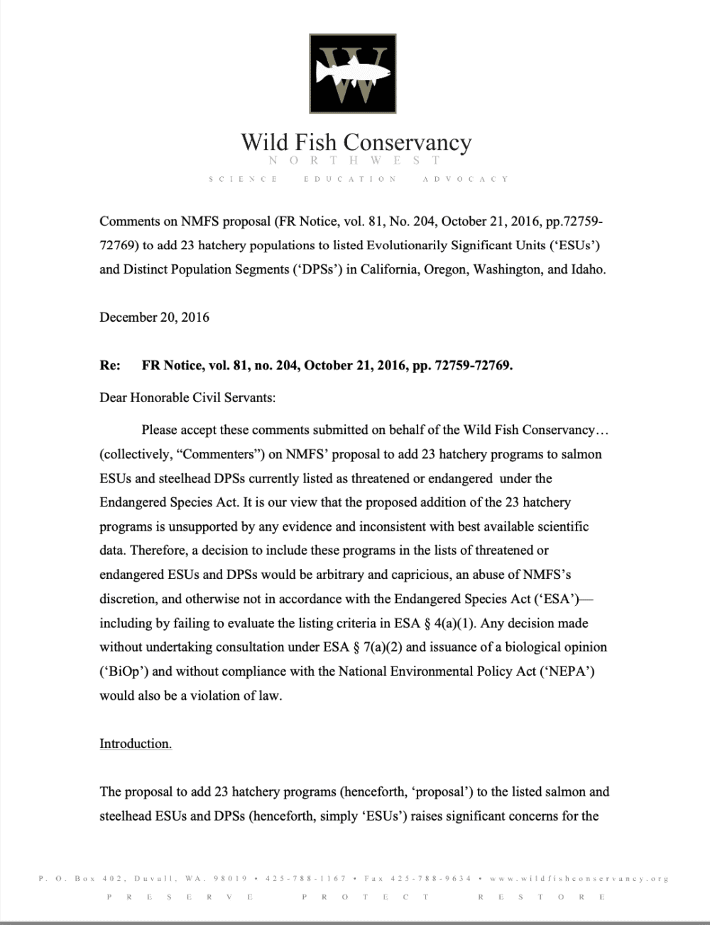 Comments on NMFS proposal to add 23 hatchery populations to listed ...