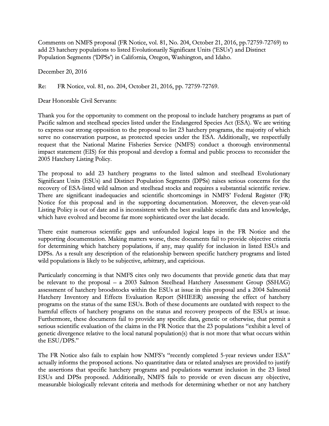 Group comments on NMFS proposal to add 23 hatchery populations to ...