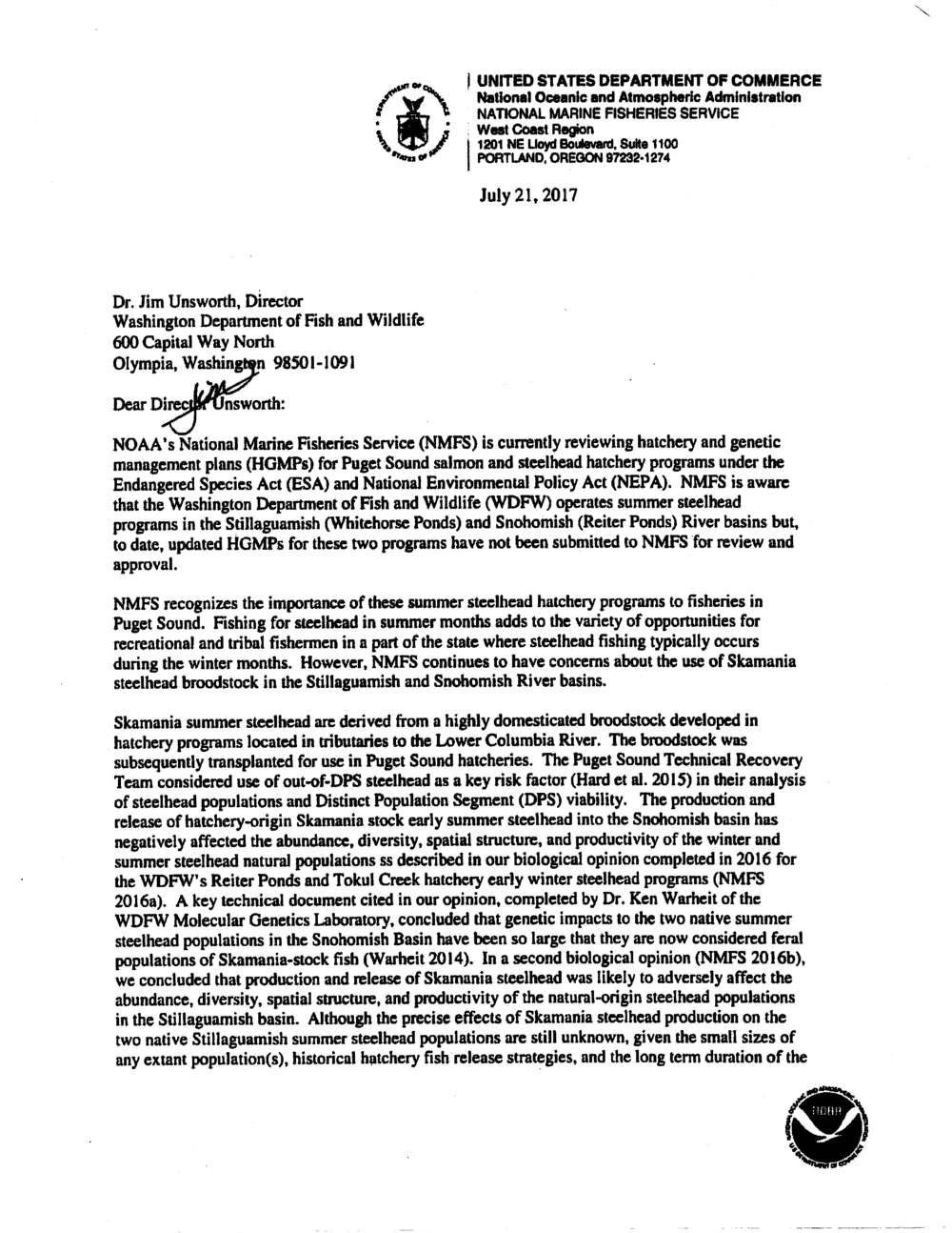 Letter from NOAA Fisheries to WA Fish and Wildlife Regarding the ...